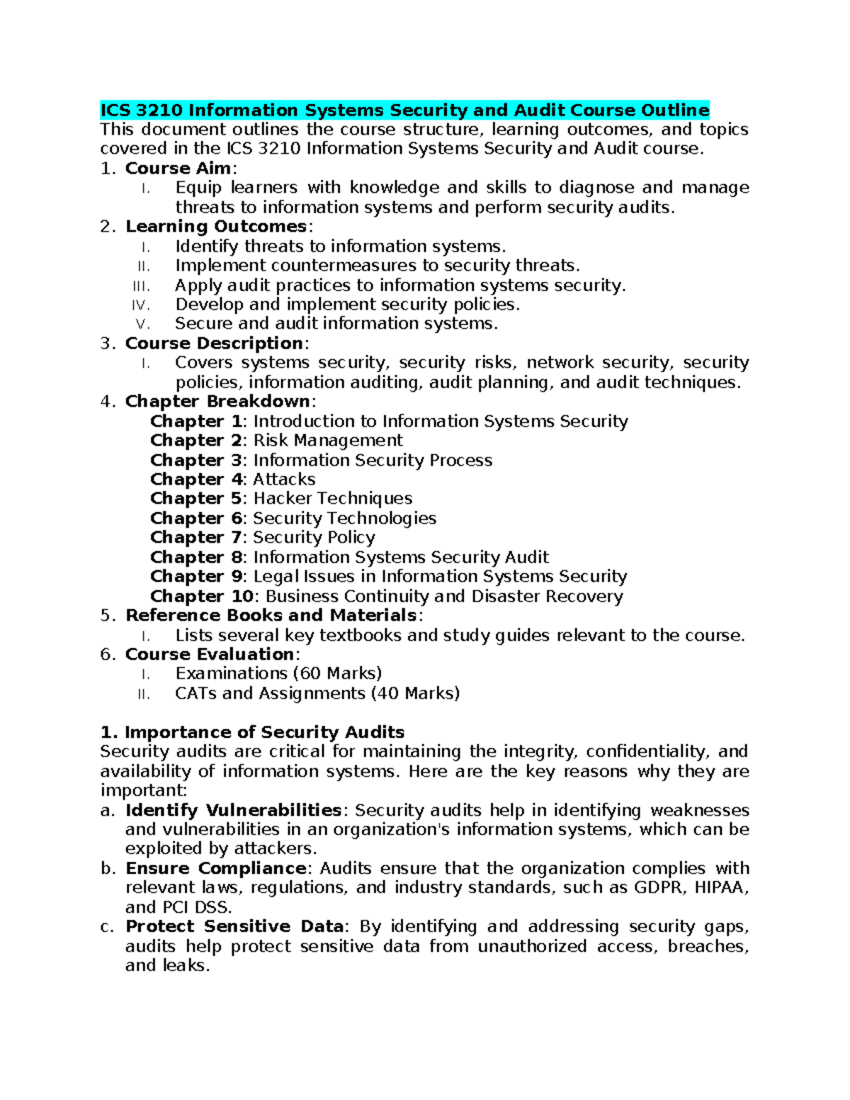 ICS 3210 Course Summary: Information Systems Security & Audit Overview ...