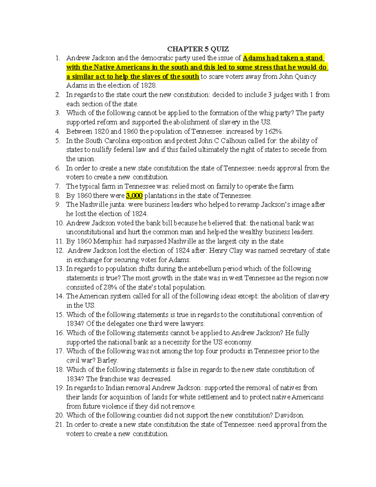 Chapter 5 Quiz - Insights on Andrew Jackson & Tennessee History - Studocu