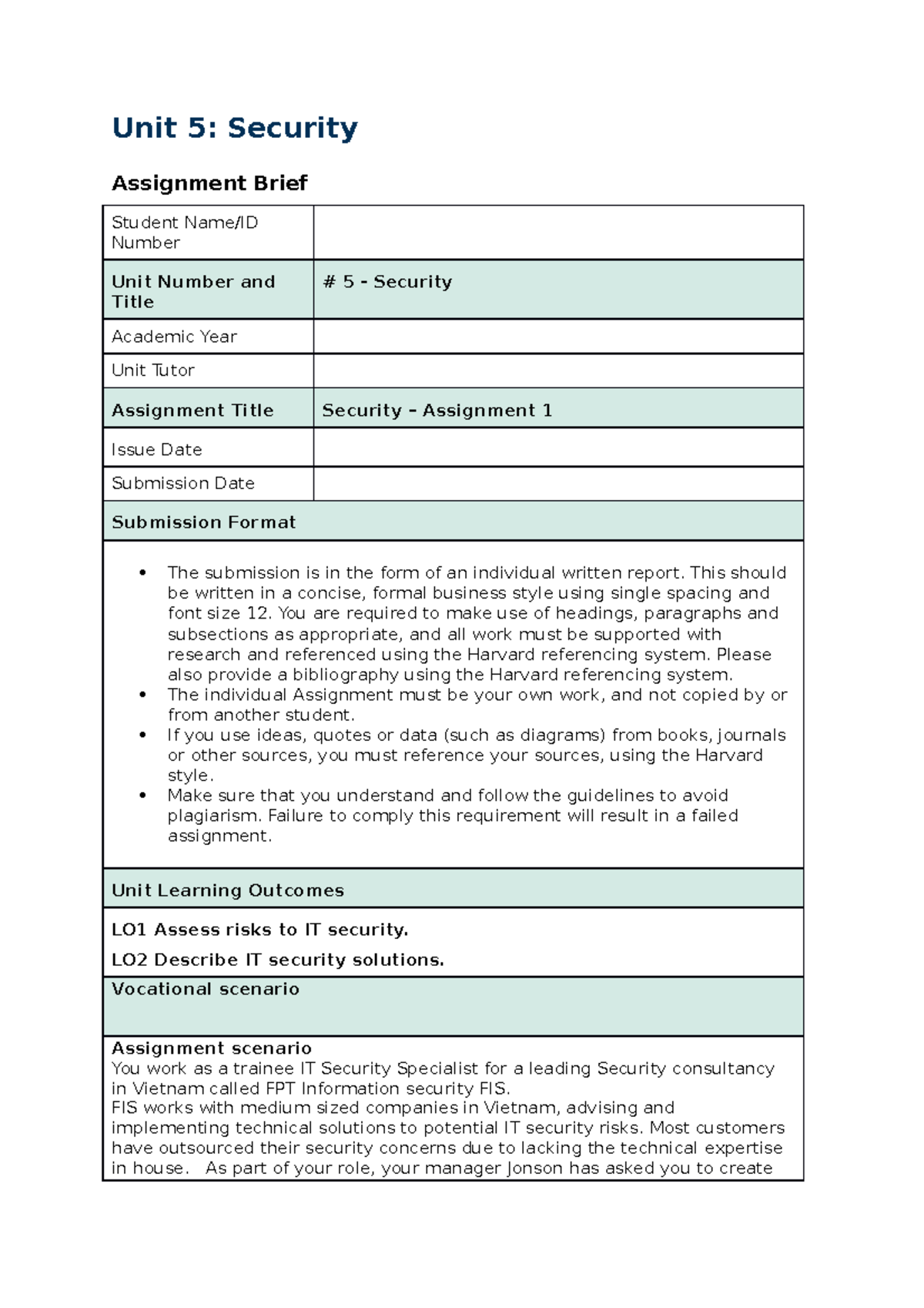 05 Security Assignment Brief 1 Final - Unit 5: Security Assignment ...