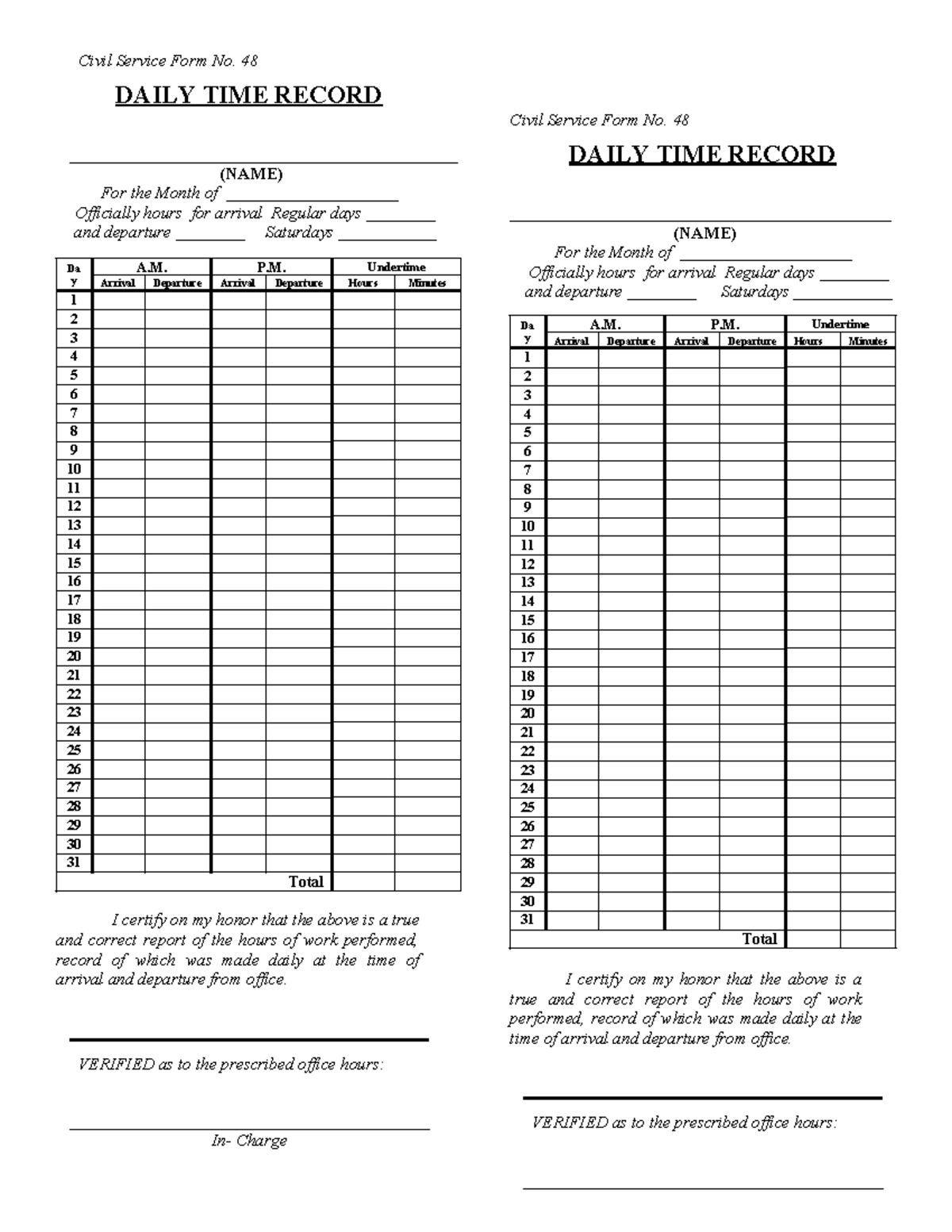 CSC Form 48 Daily Time Record DTR - Civil Service Form No. 48 DAILY ...