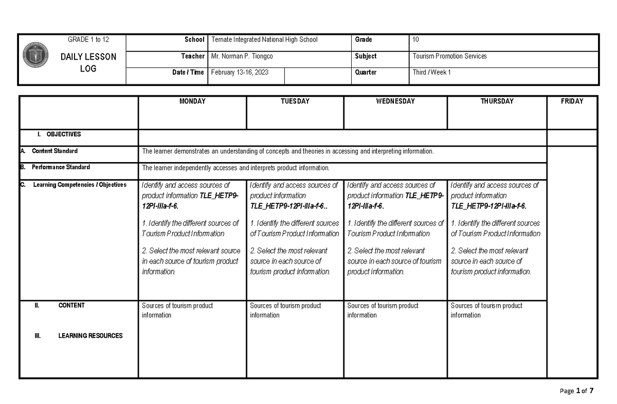 Grade 10 Daily Lesson Log: Tourism Promotion Services (Q3 W1) - Studocu