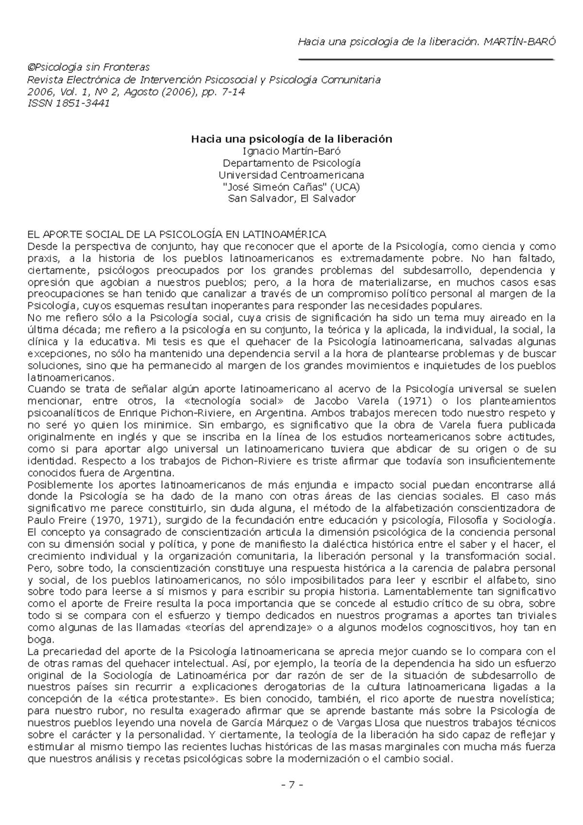 Psicología de la Liberación: Reflexiones y Propuestas Críticas - Studocu