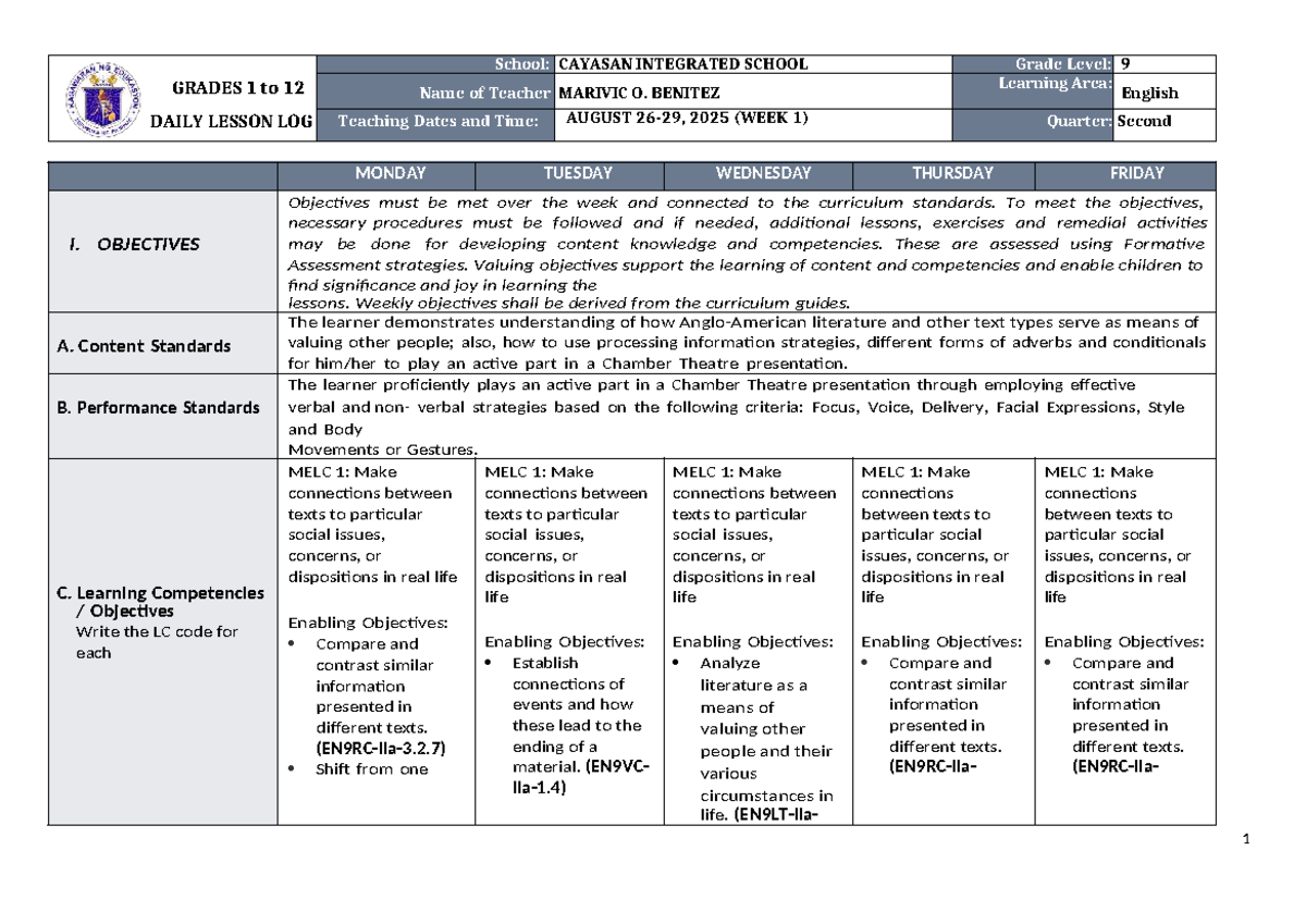 DLL English 9 Q2 W1 - Daily Lesson Log Guide - Studocu
