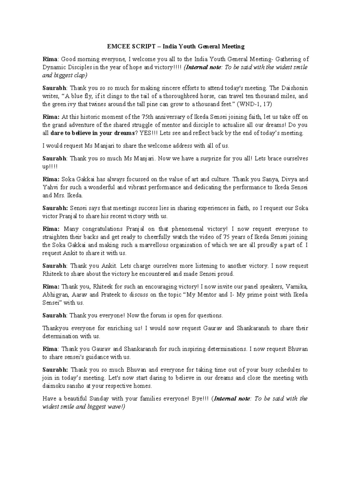 Emcee Script for India Youth General Meeting - July 31 - Studocu