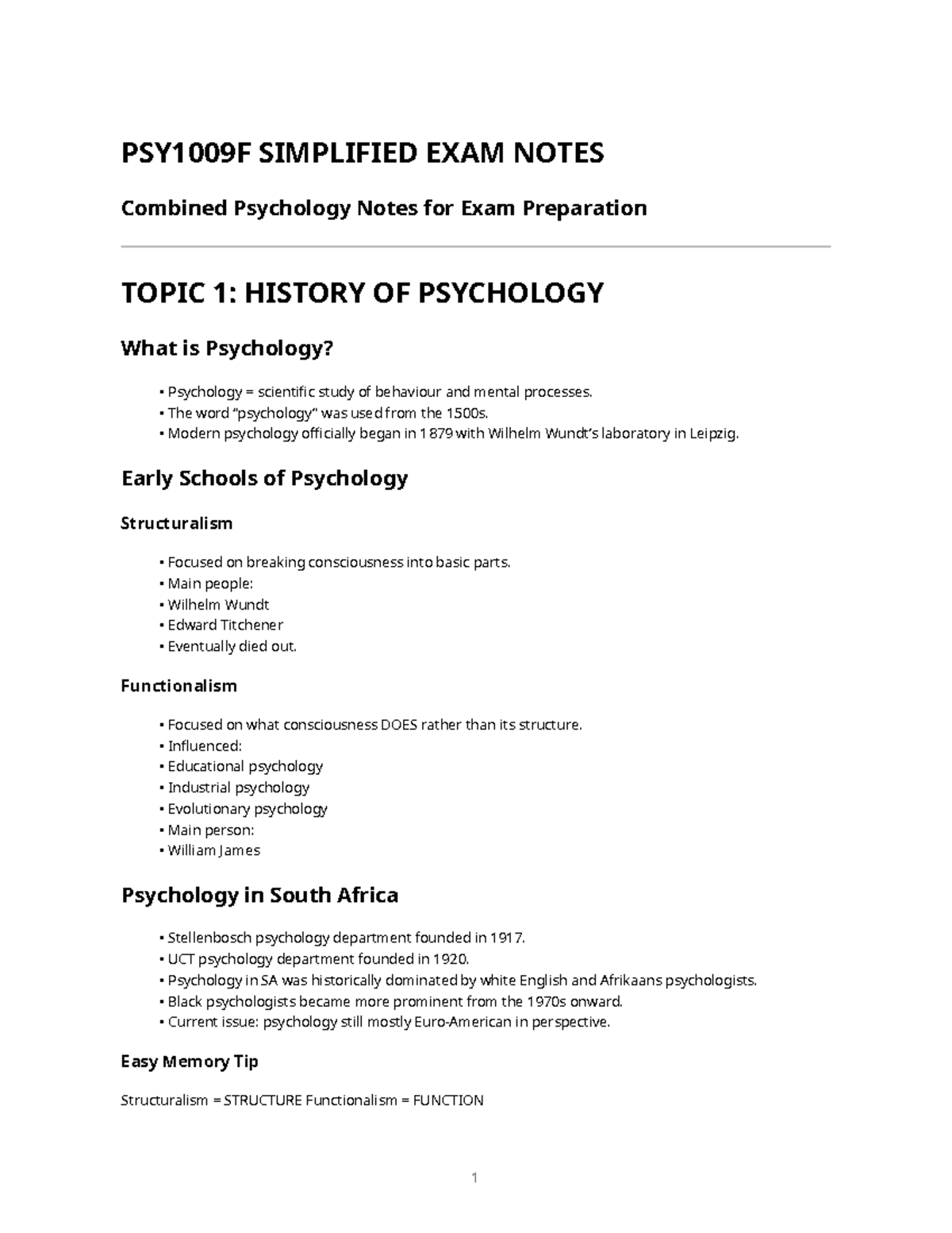 PSY1009F Simplified Exam Notes - Studocu