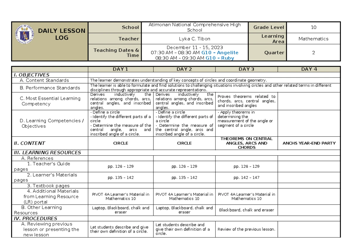 Daily Lesson Log: Basic Calculus for Grade 11 (STEM) - Jan 20-24, 2025 ...