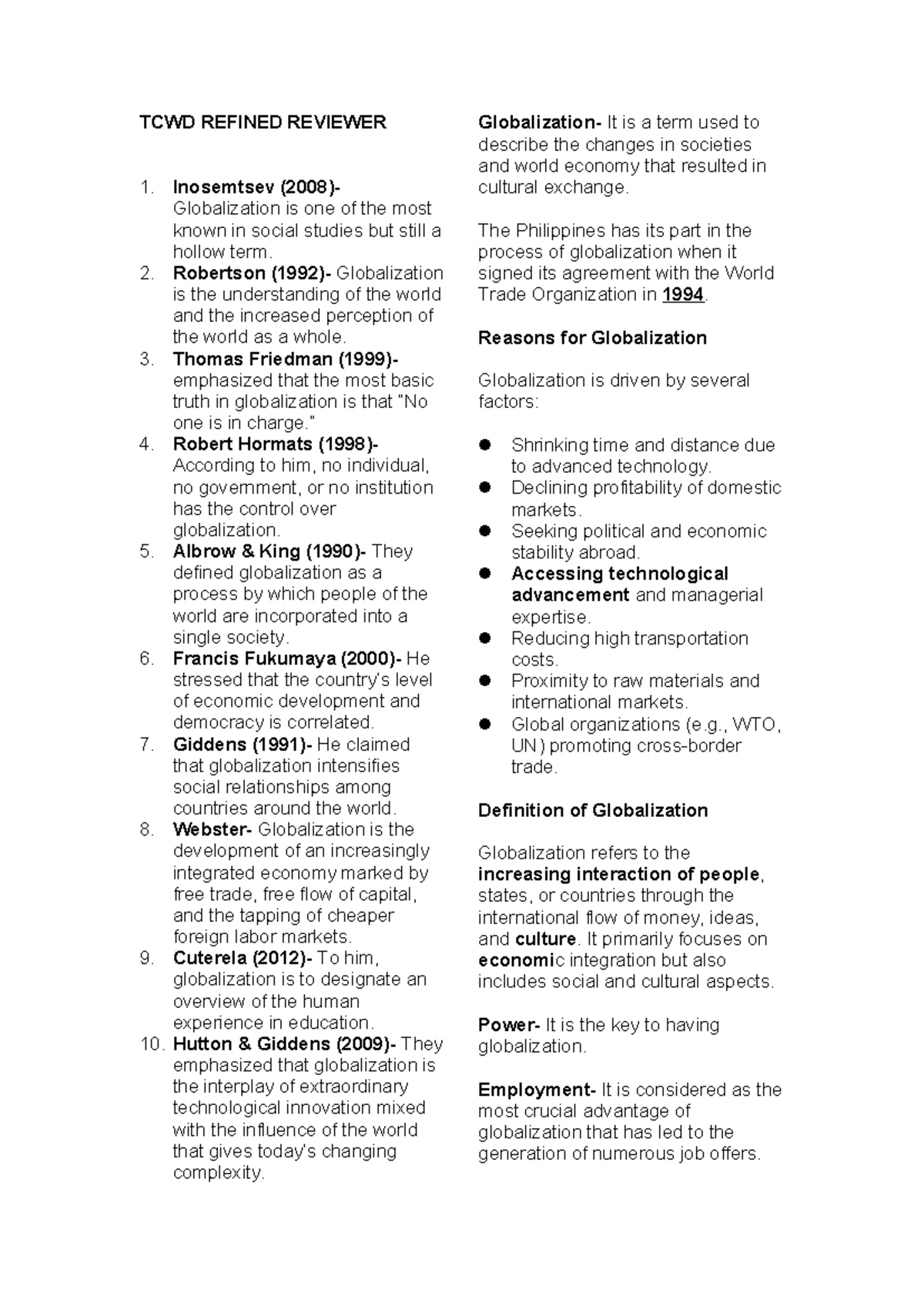 TCWD Globalization: Key Concepts and Insights for Review - Studocu
