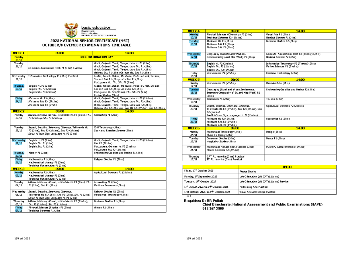 NSC Exam Timetable 2025: Week 1 to Week 6 Overview - Studocu