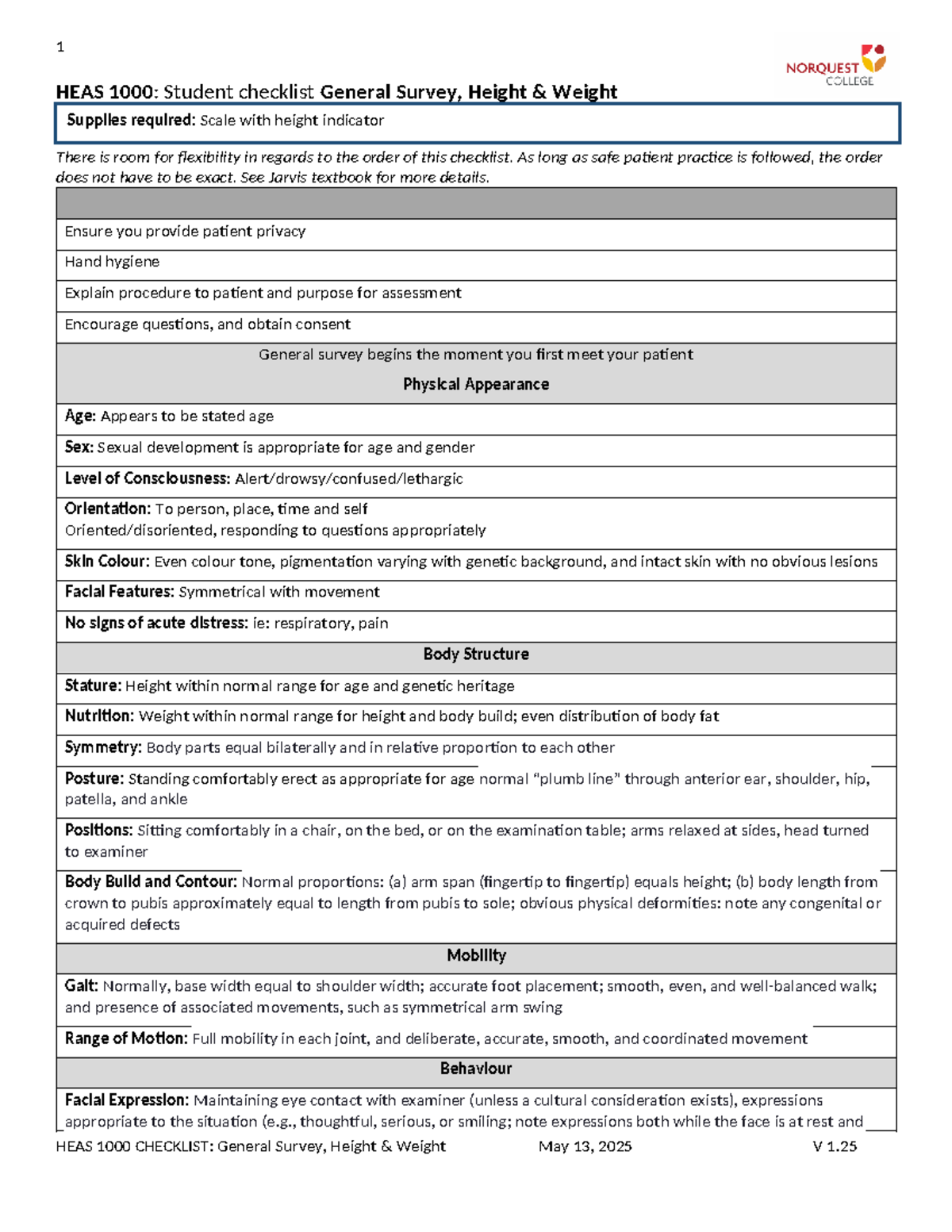 HEAS 1000: General Survey & Height/Weight Checklist V1 - Studocu