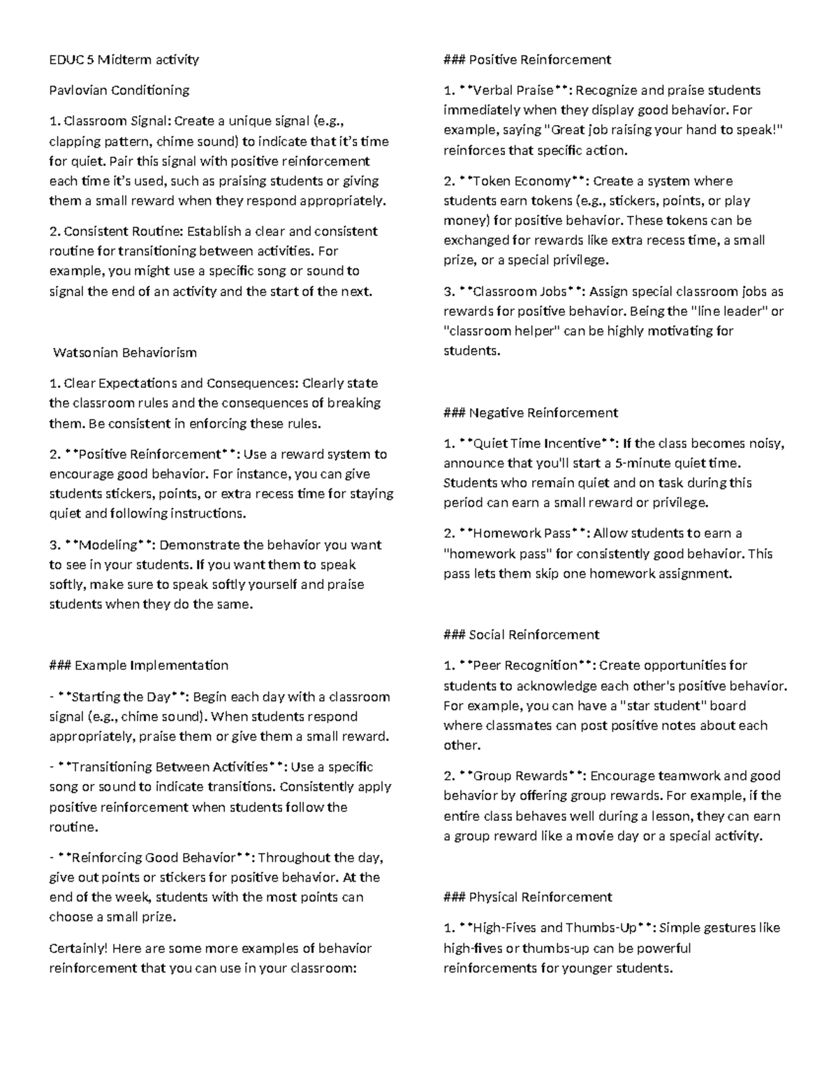 EDUC 5 Midterm: Strategies for Positive Reinforcement in Classrooms - Studocu