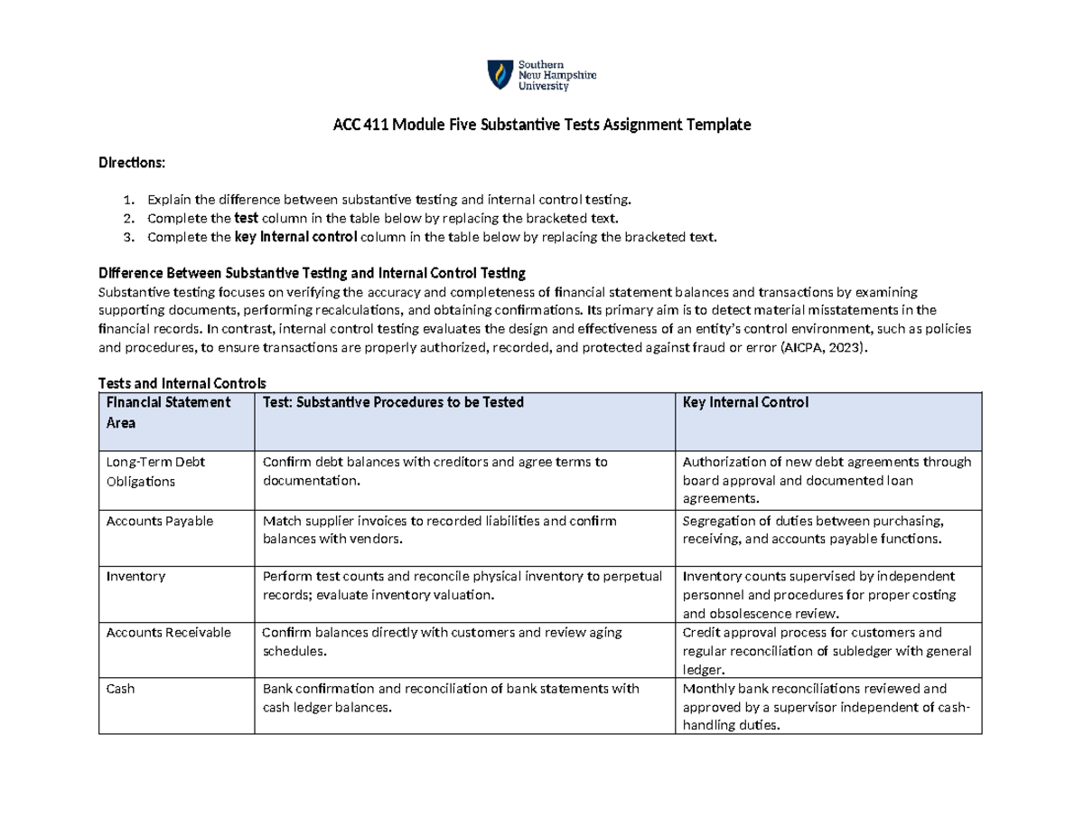 ACC 411 Module 5 Substantive vs. Internal Control Testing Guide - Studocu