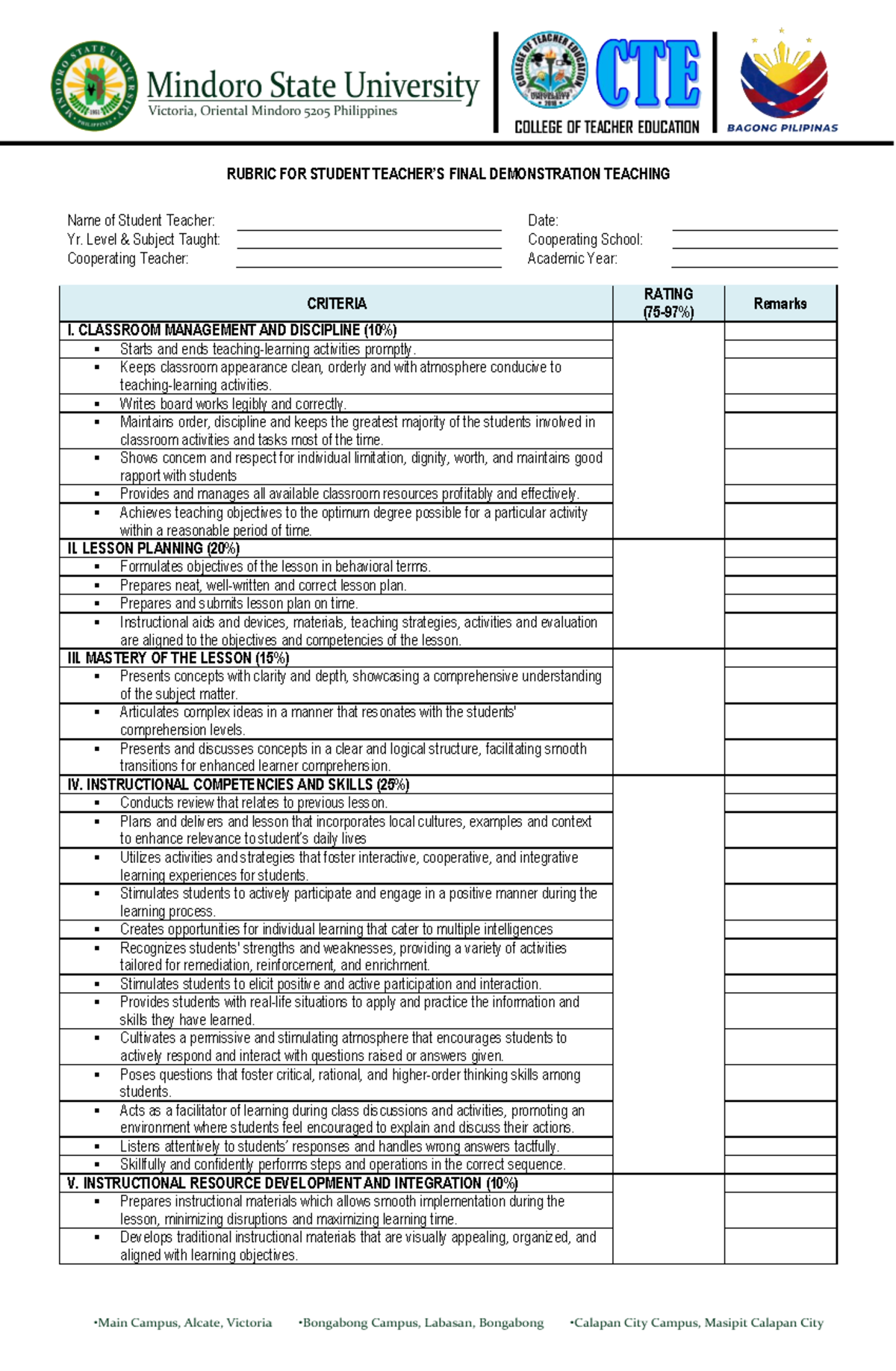 Teaching Demo Rubric for Student Teachers 2024 - Studocu