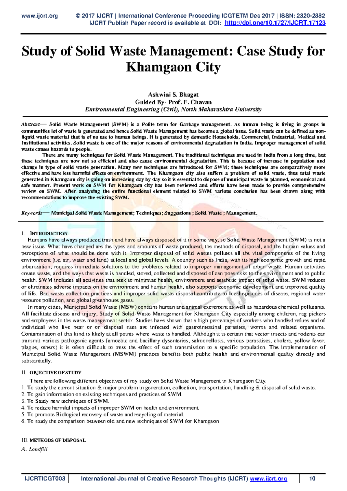 Study of Solid Waste Management in Khamgaon City: IJCRTICGT003 - Studocu