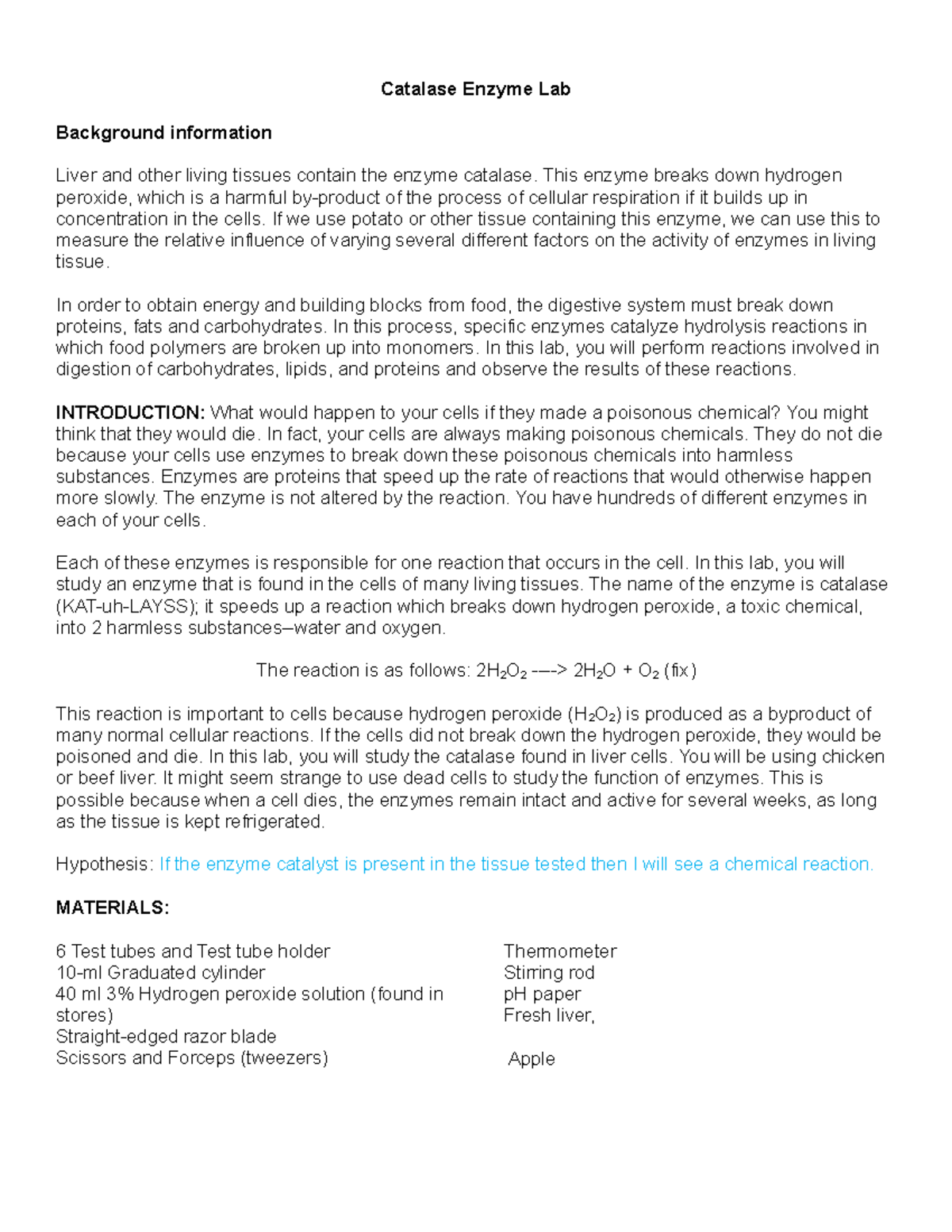 Catalase Enzyme Lab (BIO 101) - Exploring Enzyme Activity and Reactions ...