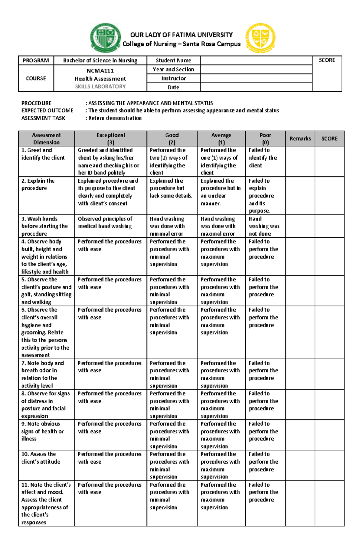 Retdem 2 - OUR LADY OF FATIMA UNIVERSITY College of Nursing – Santa ...