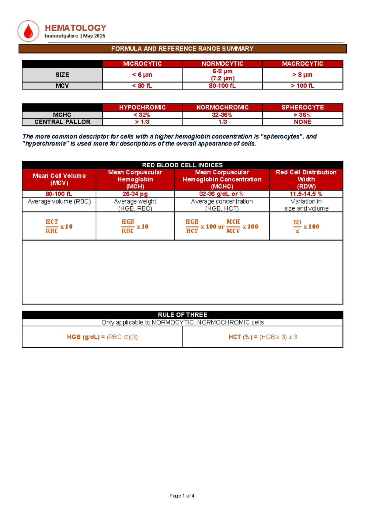 Hematology (HEM 101) Formula & Reference Range Summary - Studocu