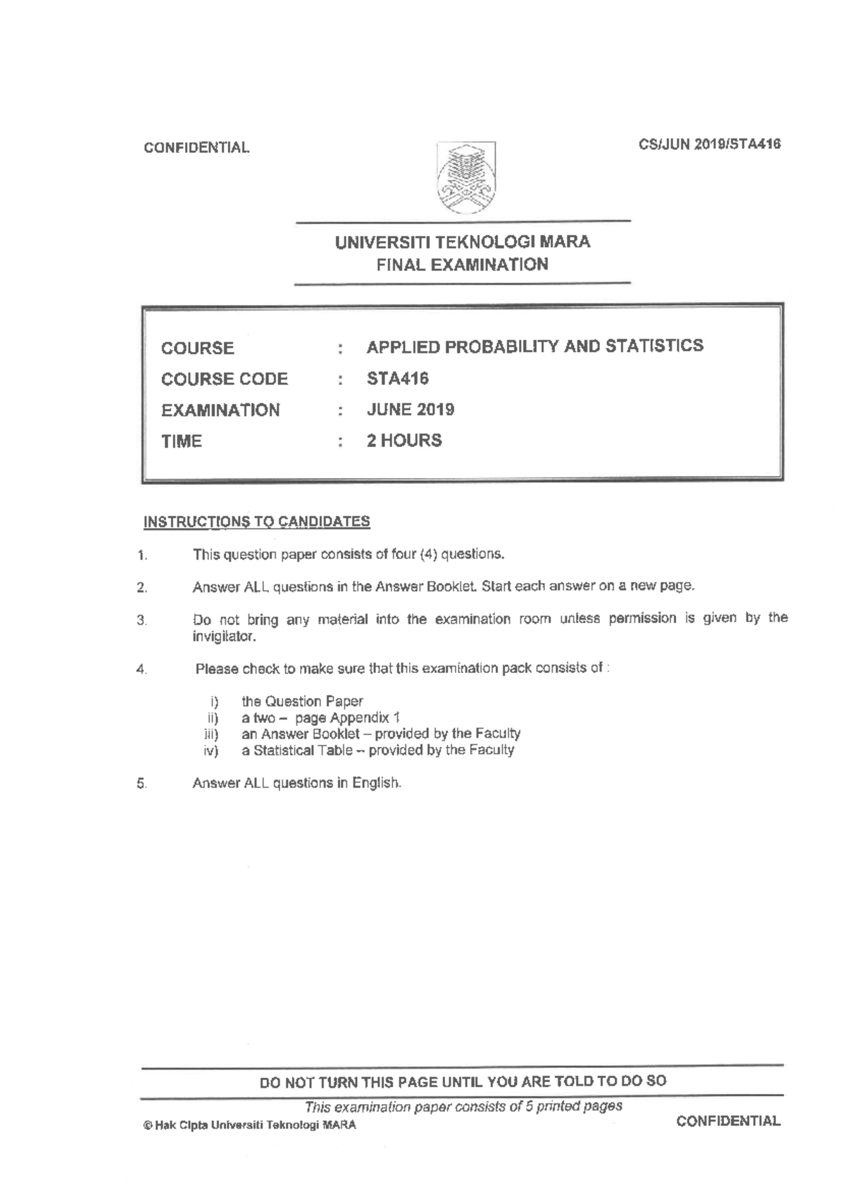 STA416 Final Exam June 2019 - Applied Probability & Statistics - Studocu