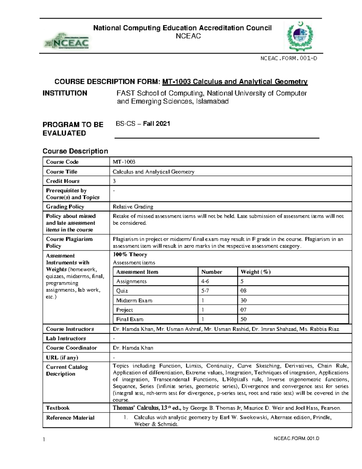 MT-1003 Calculus and Analytical Geometry Course Description - Fall 2021 ...