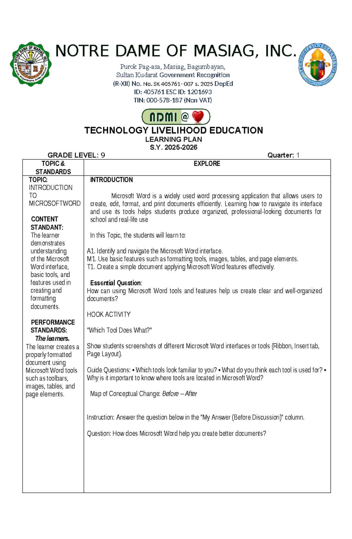 Learning Plan: Technology Livelihood Education (TLE) Grade 9 ...