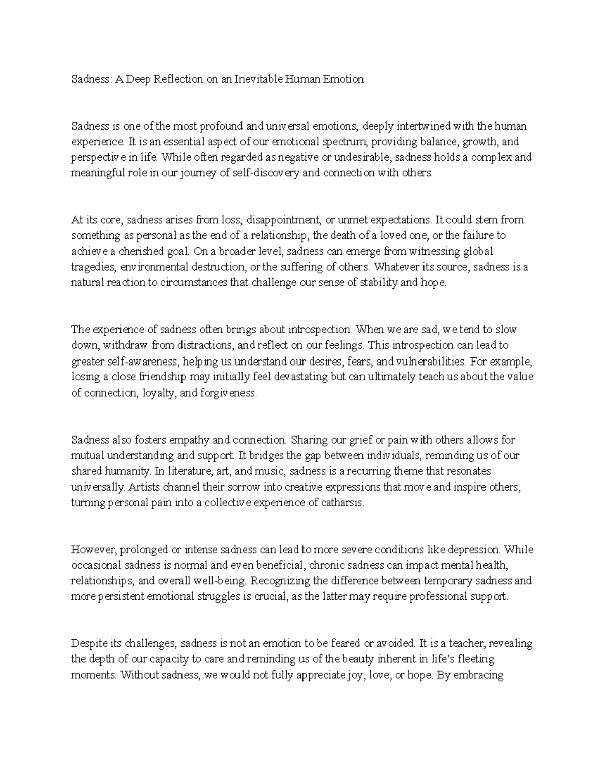 Essay on Sadness: A Reflection on Emotion - Bbffbnnk - Studocu