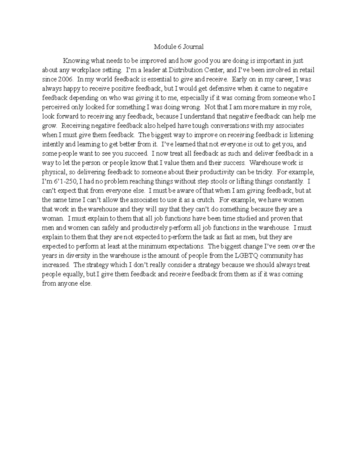 Module 6 Journal: Embracing Feedback for Growth in Leadership - Studocu