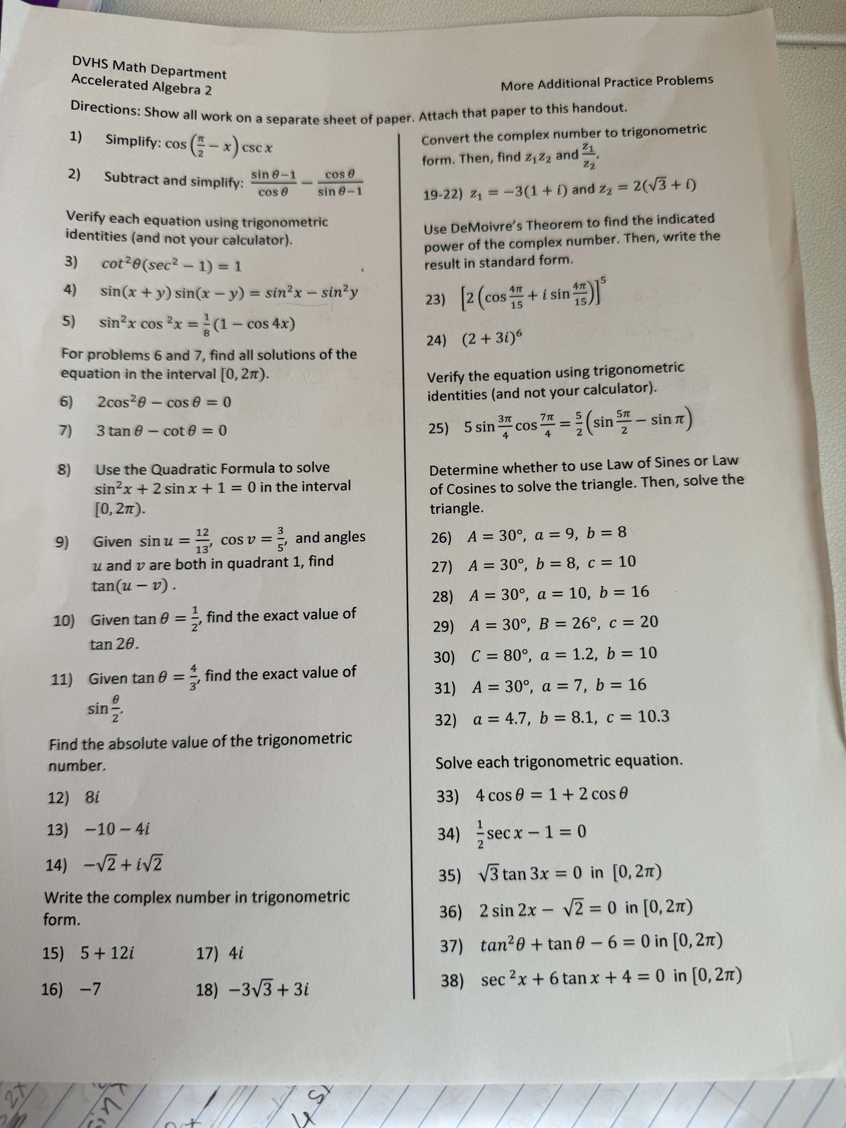 DVHS Math 2: Accelerated Algebra 2 Trigonometry Practice Problems - Studocu