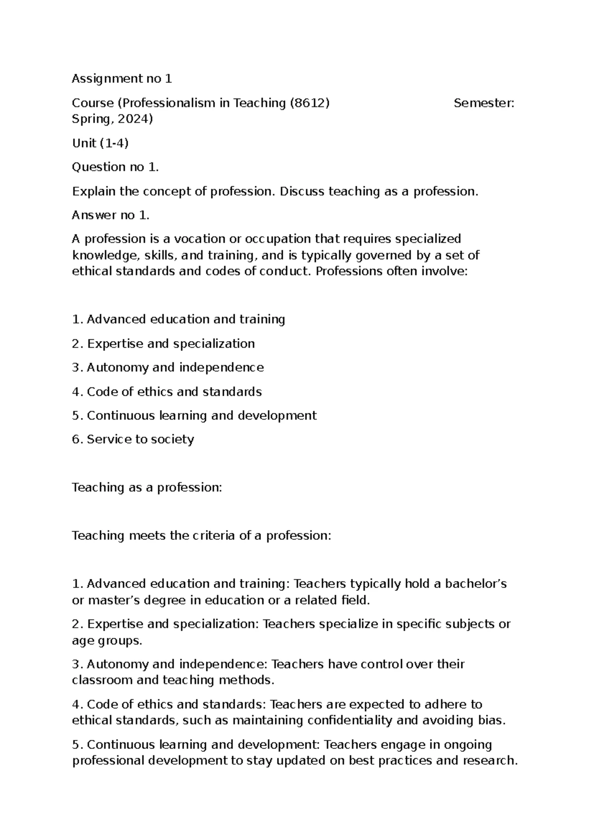 8612 1st Assignment: Teaching as a Profession and Its Challenges - Studocu