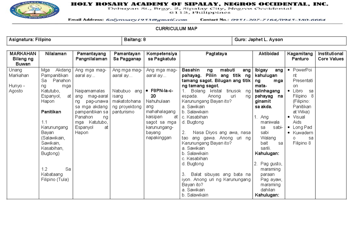 Curriculum map filipino 8 - CURRICULUM MAP Asignatura: Filipino Baitang ...