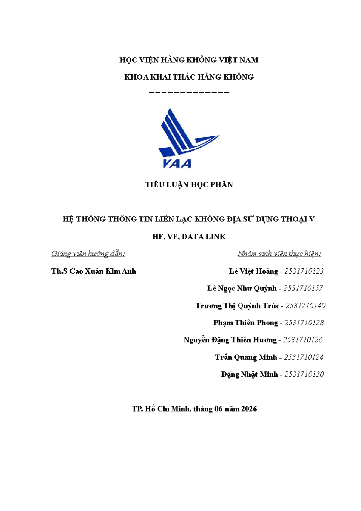 Tiểu Luận Hệ Thống Thông Tin Liên Lạc Hàng Không (25ĐHKLQL03) - Studocu