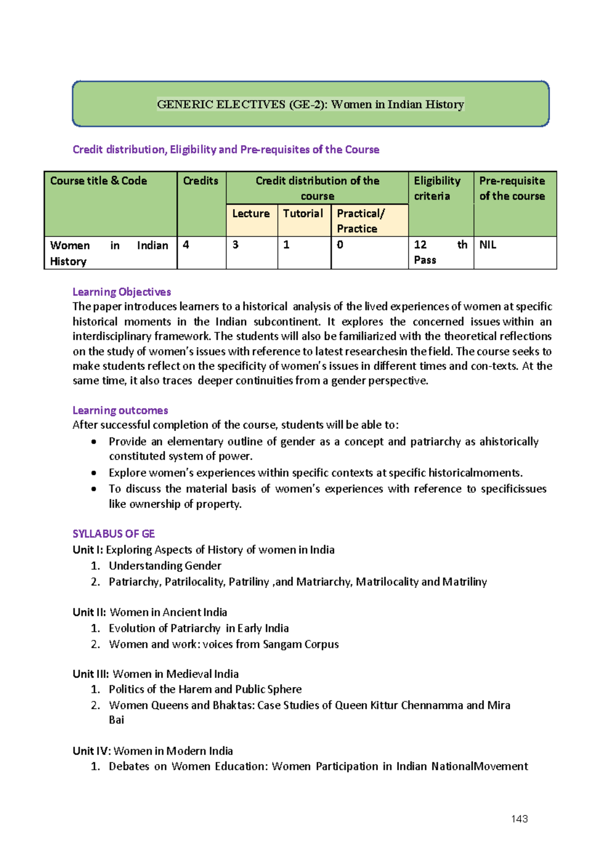 GE-2 Women in Indian History Syllabus: Course Structure & Objectives - Studocu