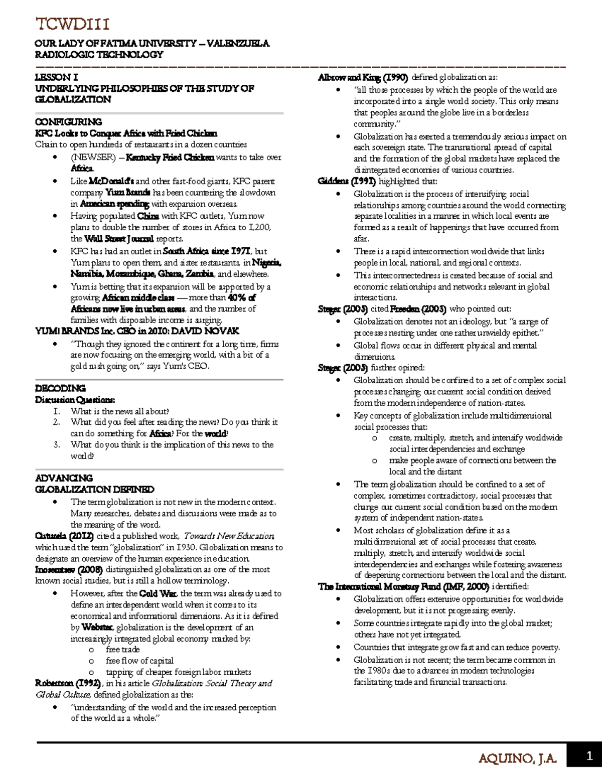 TCWD REAL - TCWD PRELIMS NOTES: Understanding Globalization and Its ...