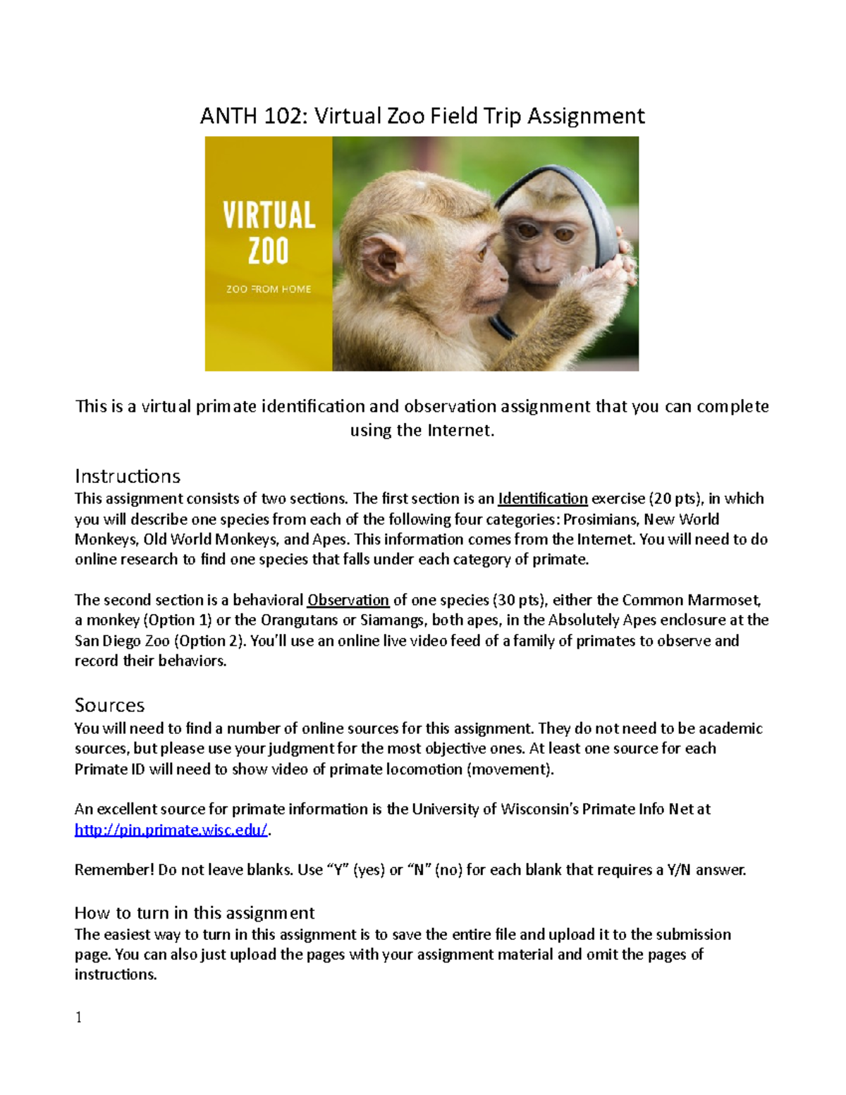 ANTH 102: Virtual Zoo Field Trip Instructions for Primate Study - Studocu