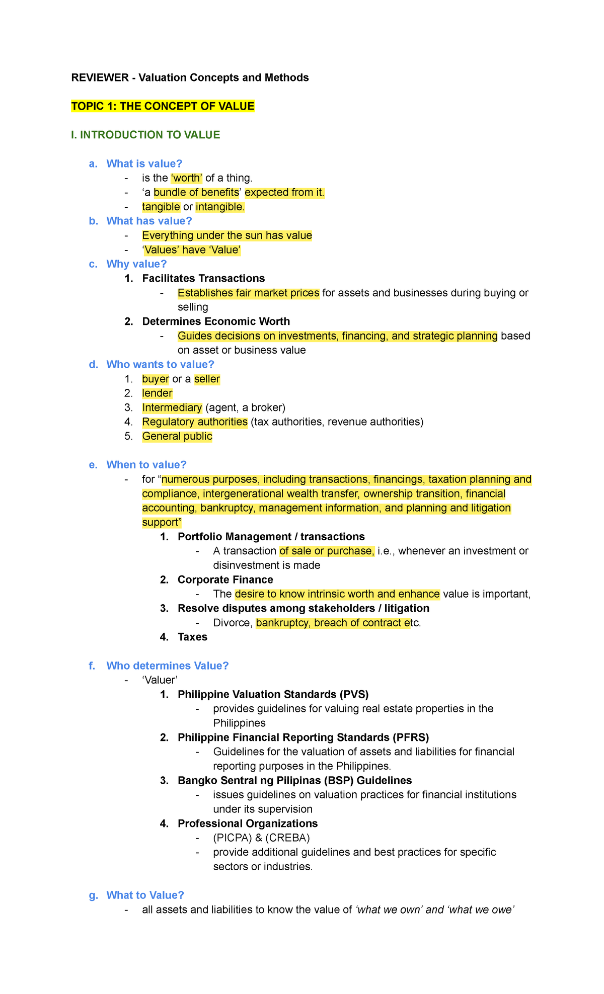 Reviewer - Valuation Concepts and Methods - REVIEWER - Valuation ...
