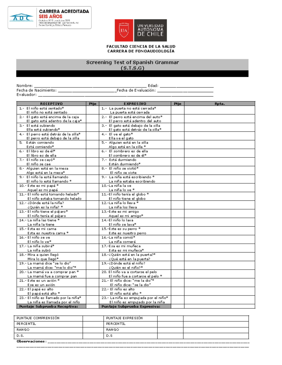 S.T.S Screening Test of Spanish Grammar - Response Sheet Format - Studocu