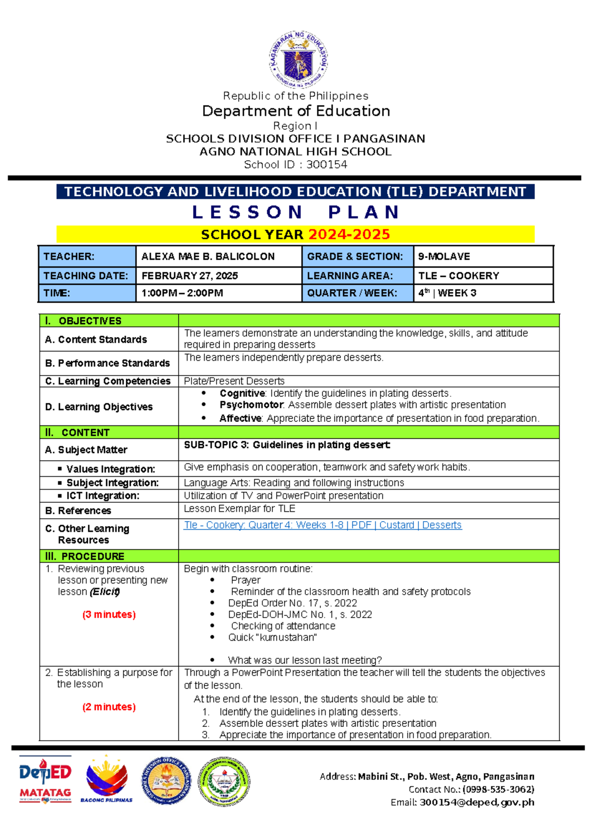 Grade 9 TLE Cookery Lesson Plan: Week 3 - Plating Desserts - Studocu