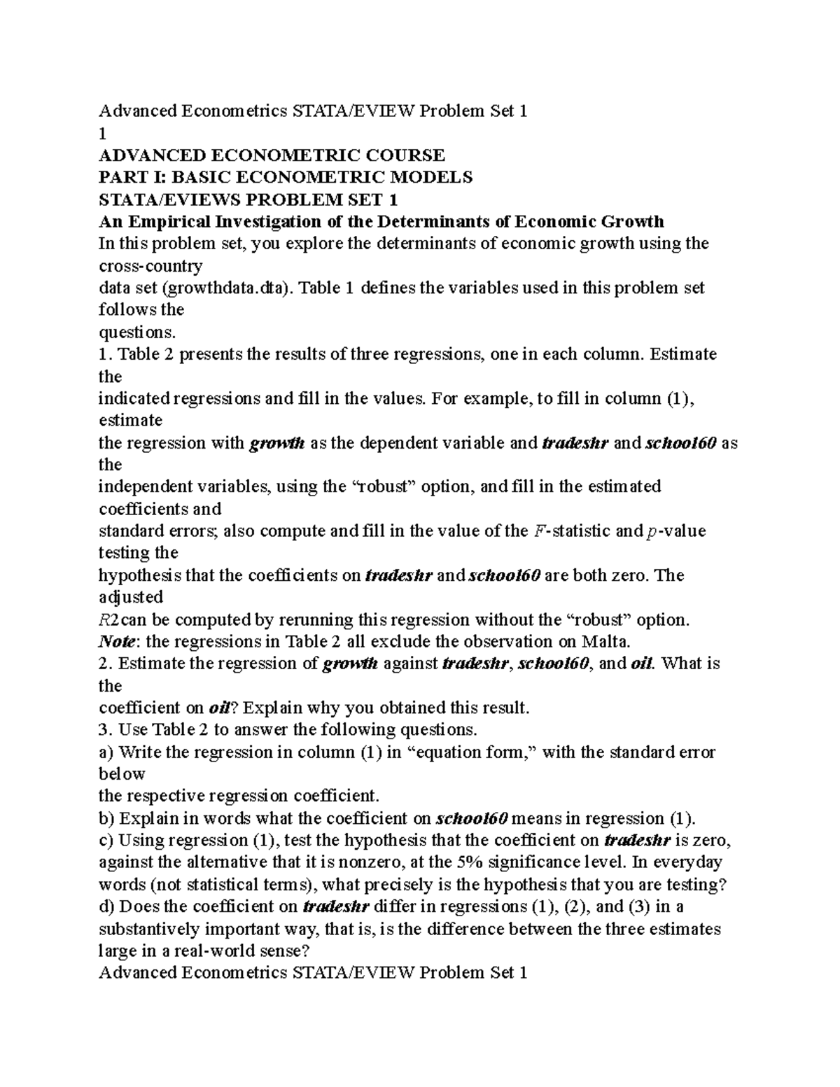 Nguyễn Đinh Yến Nhi - NH002 - 31211572315 - Advanced Econometrics STATA/EVIEW Problem Set 1 1 ...