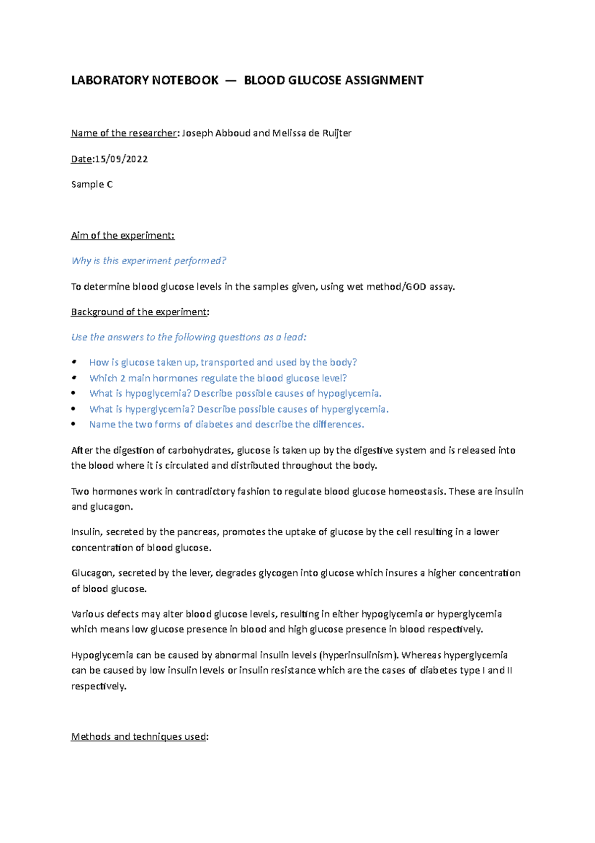 Laboratory Notebook: Blood Glucose Analysis Assignment (Lab Report ...