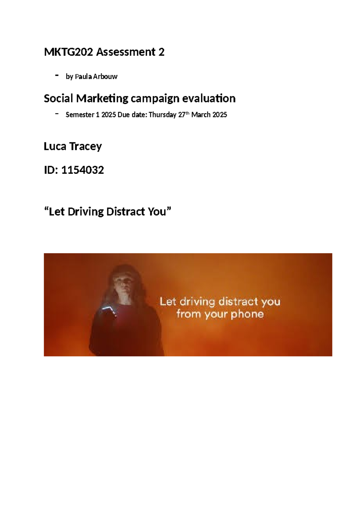MKTG202 Assessment 2: Evaluation of NZTA's Driving Distract Campaign ...
