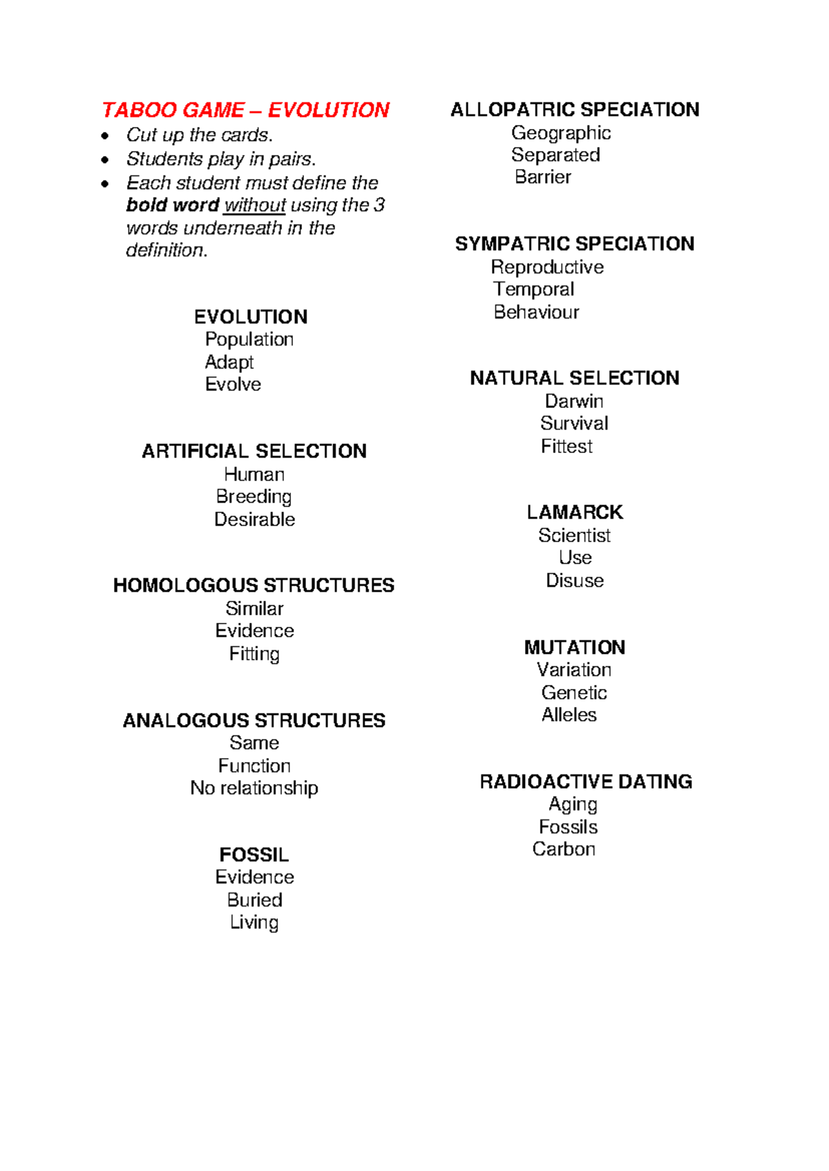 TABOO GAME EVOLUTION: Definitions & Key Terms for Study - Studocu