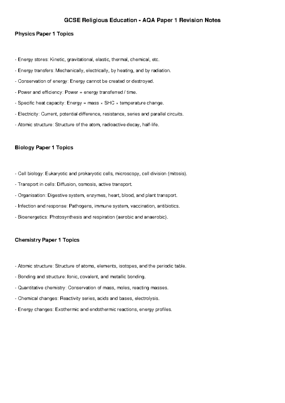 Combined Science Revision AQA Paper 1: Key Topics Overview - Studocu
