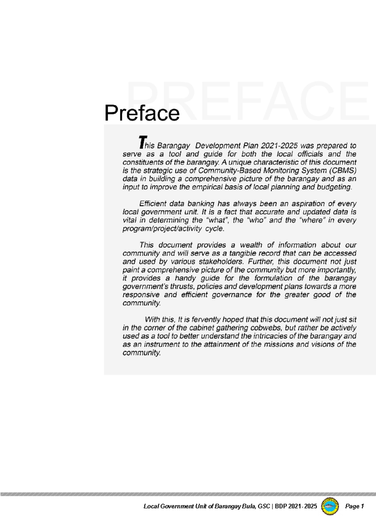 3 BDP Body - Revised - None - HISTORY of BARANGAY BULA Barangay Bula is ...