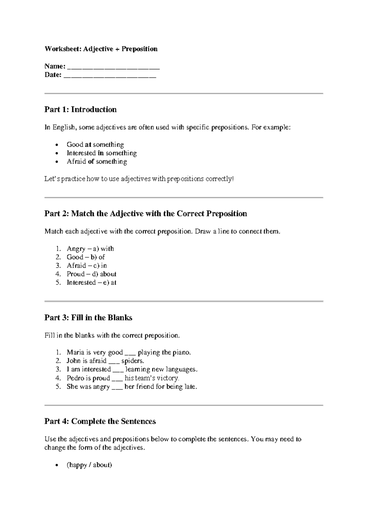 Worksheet: Adjective + Preposition Practice Exercise - Studocu