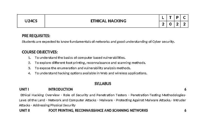 U24CS Ethical Hacking Syllabus: Course Overview & Objectives - Studocu