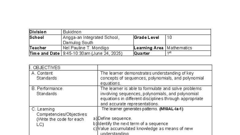 1st Day Lesson Plan 10: Understanding Sequences in Math - Studocu