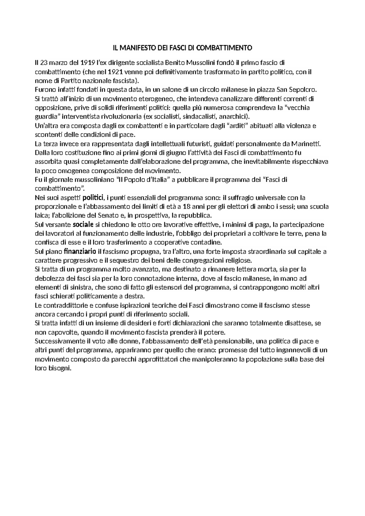 IL Manifesto dei Fasci di Combattimento: Origini e Ideologie - Studocu