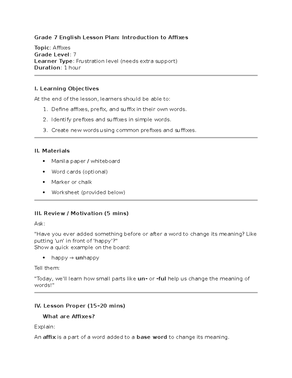 Grade 7 English Lesson Plan: Exploring Affixes and Their Uses - Studocu