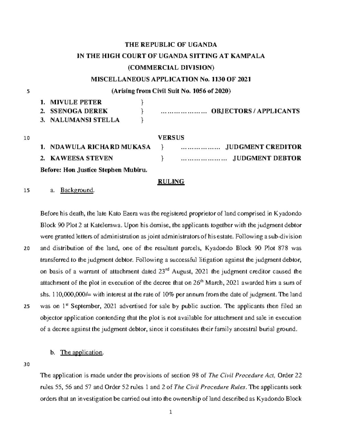 52 MA 1130 2021 Mivule Peter v Ndawula Richard Mukasa - THE REPUBLIC OF ...