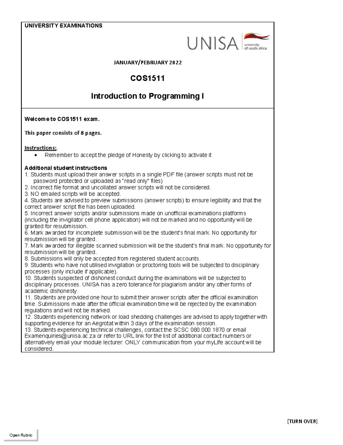 COS1511 Final Exam Instructions and Programming Questions 2022 - Studocu