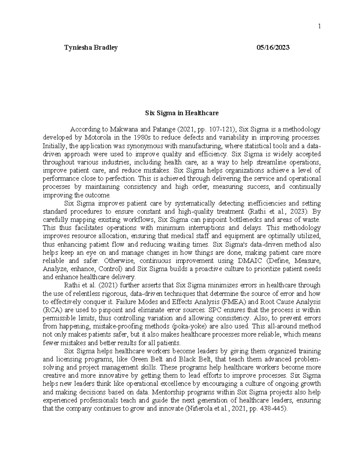 Six Sigma Healthcare - assignment practice - 1 Tyniesha Bradley 05/16 ...