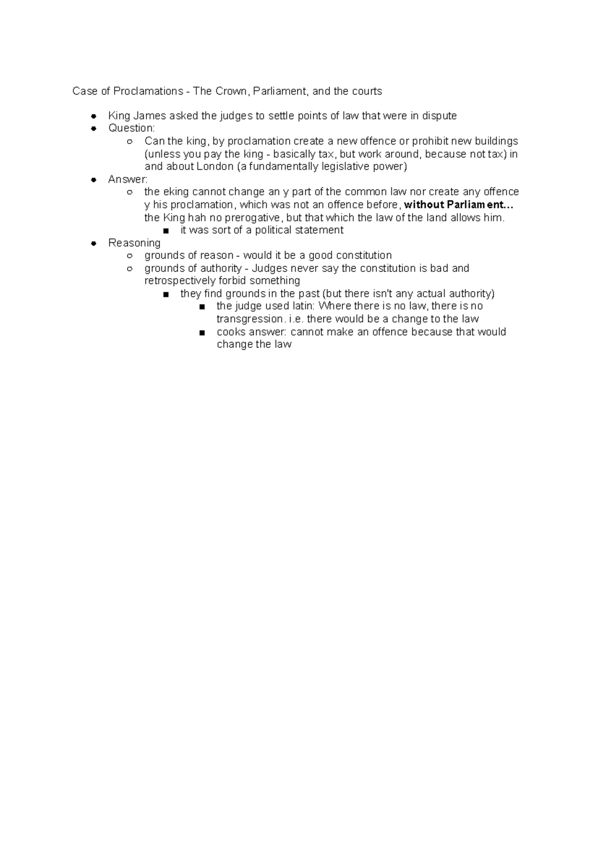 Case of Proclamations: Crown, Parliament & Courts Analysis - Studocu
